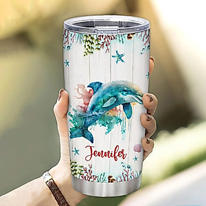 Hyturtle Personalized Gifts For Dolphin Lover - Just A Girl Who Loves Dolphins Custom Name Stainless Steel Tumbler 20oz With Lid - Idea Ocean Animal Lover Gifts For Women Girl On Birthday, Christmas