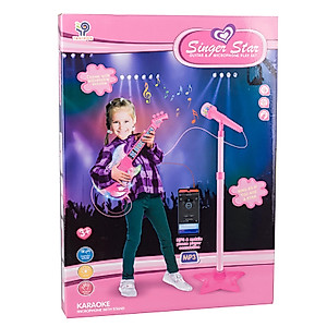 TAKIHON Guitar and Microphone Set for Kids,Guitar Toys with Music&Colorful Light,Adjustable Height Microphone with Stand,Karaoke Toys Gift for Boy,Girls,Toddlers(Red)-Upgraded