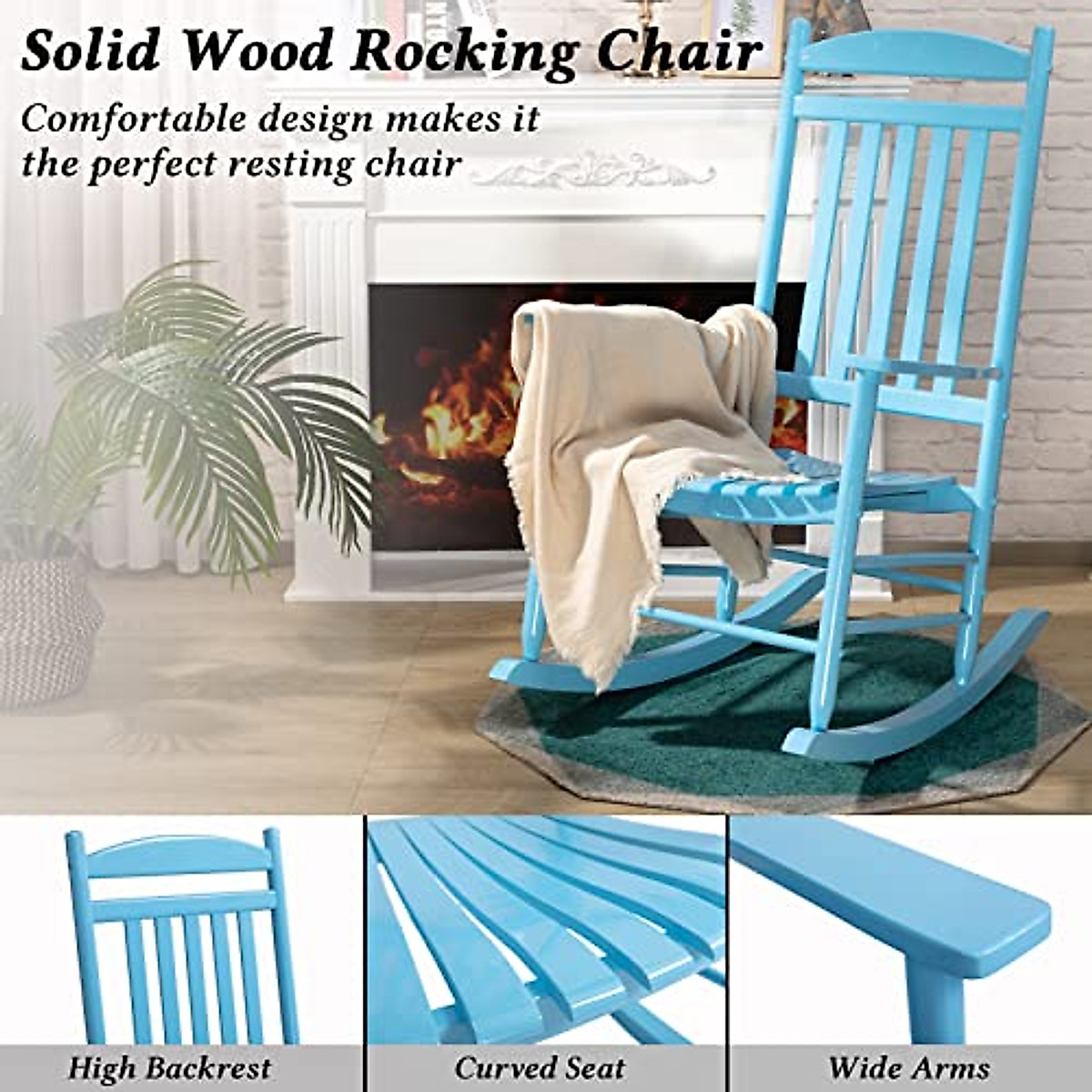 ALIMORDEN Solid Wood Porch Rocking Chair, High Back Slat Reclining Seat Patio Chair, Indoor Outdoor, Blue