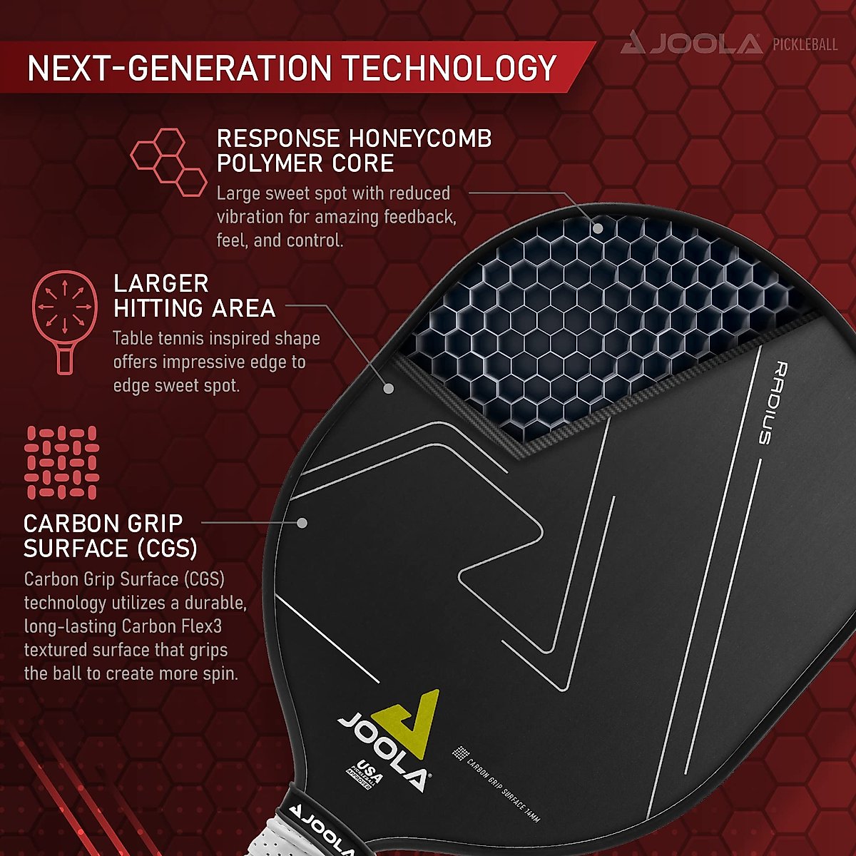 JOOLA Radius Pro Pickleball Paddle with Textured Carbon Grip Surface - Creates More Spin and Maximum Control - Largest Sweetspot - 14mm Pickleball Racket with Response Polypropylene Honeycomb Core