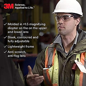 3M Safety Glasses, BX Dual Readers, +1.5, ANSI Z87, Anti-Fog Clear Lens, Gray/Black Frame, Adjustable Length Temples and Lens Angle