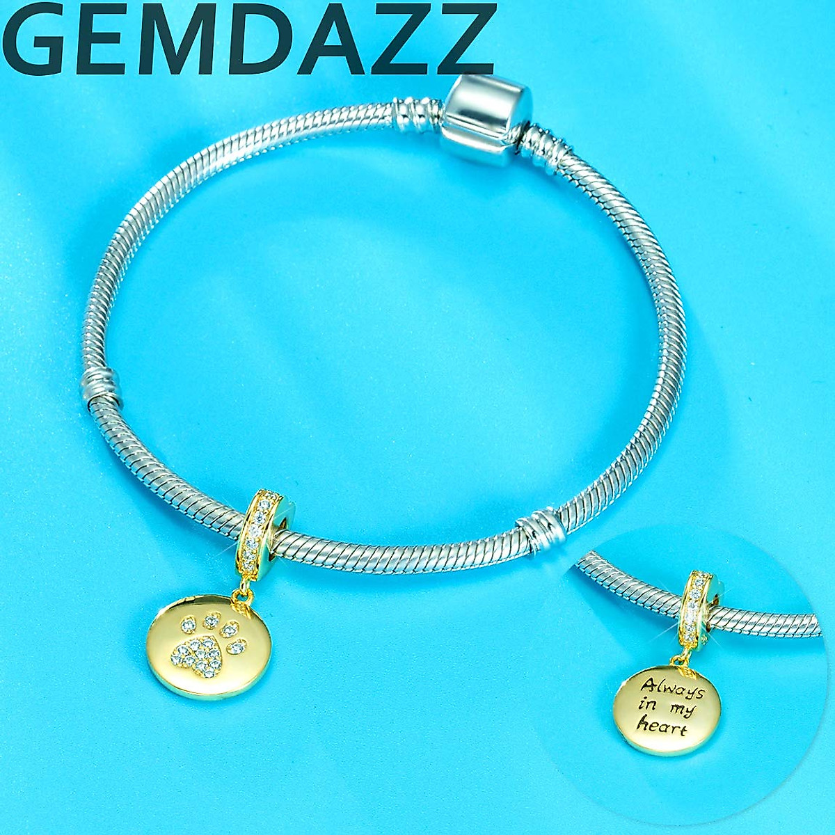 18K Yellow Gold Plated Dog Paw Print CZ Charm Pendant, 925 Sterling Silver Always in My Heart Puppy/Cat Pawprint Beads fit Pandora Bracelet, Gift for My First Mothers Day