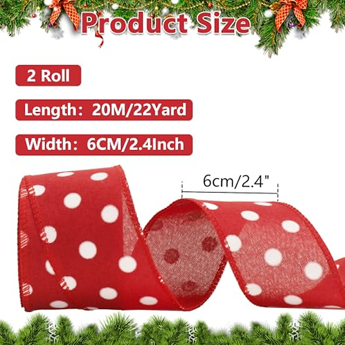 Anwyll Wired Edge Christmas Ribbon - 2-1/2 Inch x 22 Yard Red and White Polka Dot Wire Ribbon for Wreath, Tree, Gift Wrapping and Holiday Decoration