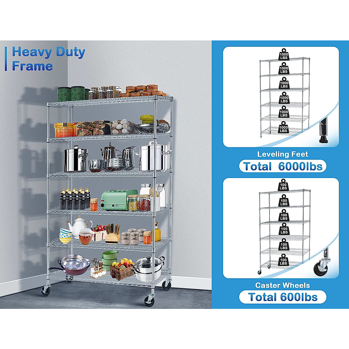 6000Lbs Capacity Metal Shelving Unit 6 Tier Adjustable Shelves for Storage Heavy Duty Commercial Grade Wire Shelf with Wheels & Feet 48" ×18" ×78" Storage Rack for Warehouse Garage Pantry Basement