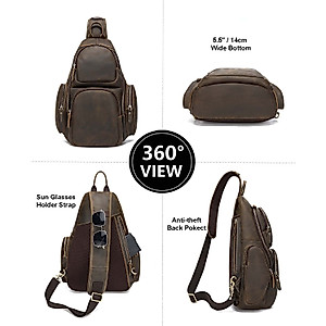 Taertii Full Grain Genuine Leather Sling Bag, Fits 14 inch Laptop, Travel Chest Crossbody Shoulder Sling Backpack Purse Daypack 17L - Brown