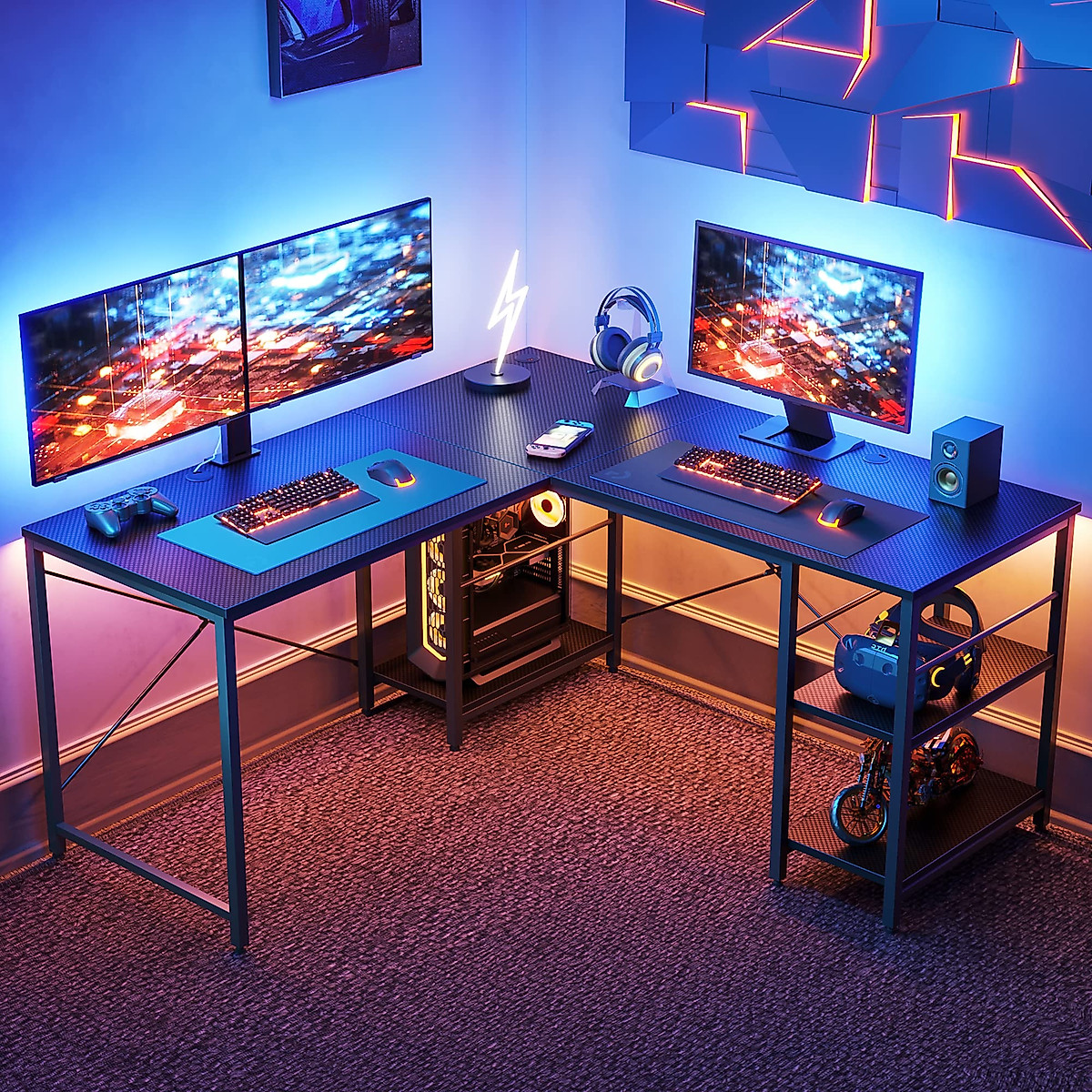 Bestier L Shaped Gaming Desk with Shelves 95.2 Inch Reversible Corner Computer Desk or 2 Person Long Table for Home Office Large Writing Storage Workstation P2 Board with 3 Cable Holes, Carbon Fiber