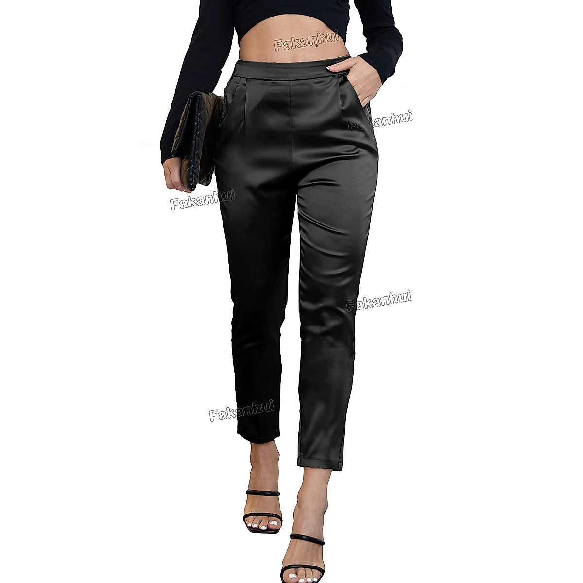 Fakanhui Women's Satin Silky Dress Casual Elastic High Waist Stretch Elegant Pants Trousers XX-Large