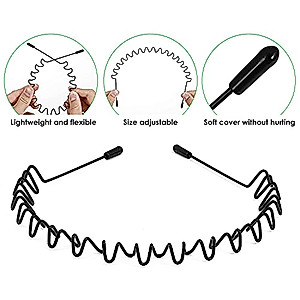 JERLITU Metal Hair Band - 6 Pieces Metal Headband for Men and Women, Adjustable, Durable, Wavy Hairband, Hair Bands for Sports, Fashion, Unisex, Black, Elastic, 6 Count