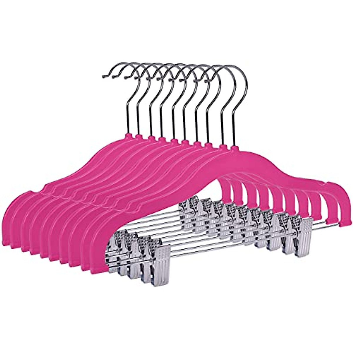 Quality Kids Children's Plastic Non Velvet Non-Flocked Thin Compact Shirt and Skirt/Pant Bundle Coat Hangers with Metal Clips for Skirts Pants Blouses 360° Swivel Hook, Jacket, Pink