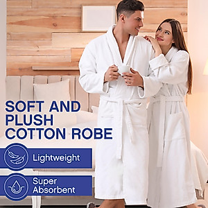 Unisex 100% Cotton Terry Cloth Bathrobe with Kimono Collar – Soft, Lightweight and Absorbent Towel Material – Ideal Robe for Men & Women at Home, Spa, Hotel, Sauna, Pool, Post Bath & Shower - White