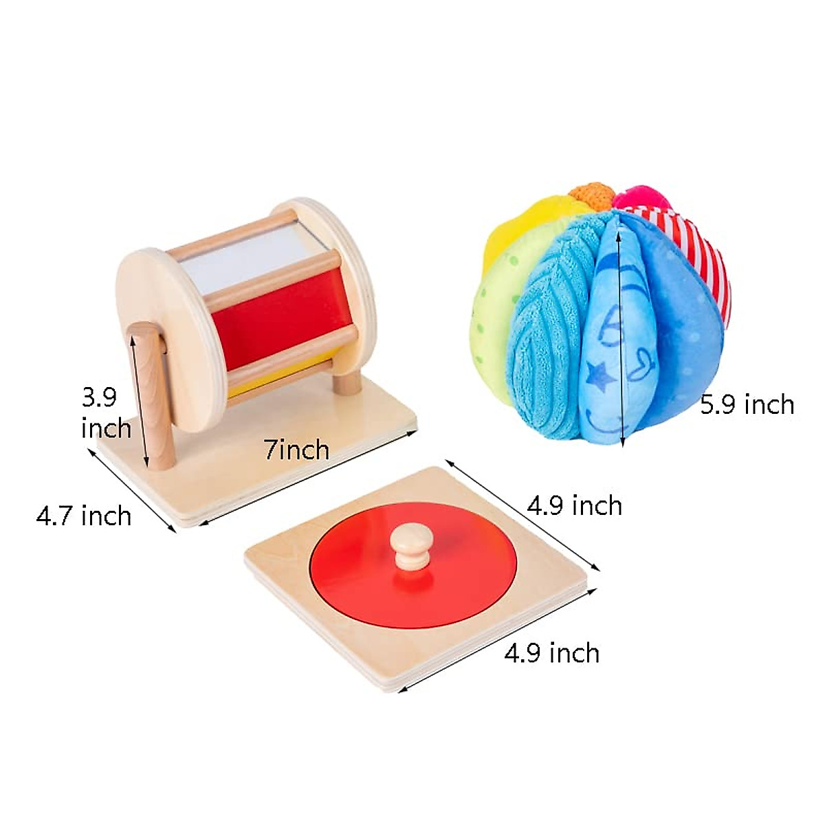 Montessori Baby Toys Play Kit Montessori Mirror Peekaboo Knob Puzzle, Medium Spinning Drum and Rainbow Fabric Ball Kit Toys for 6-12Months Toddlers (Play Kit 1)