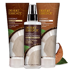 Desert Essence Coconut Hair Defrizzer & Heat Protector 8 fl oz - Gluten Free, Vegan, Cruelty Free - Coconut Oil & Jojoba Seed Extract - Protects Hair from Heat & Styling Damage