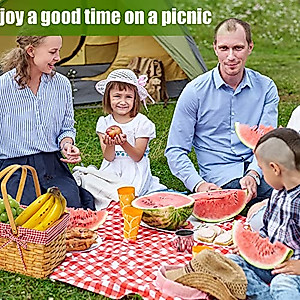 Picnic Basket Natural Woven Woodchip Basket with Double Folding Handles, Picnic Blanket Easter Basket for Easter Egg Candy Halloween Christmas Kids Toy Storage (Red and White Grid)