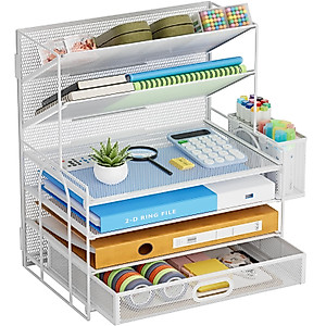 Marbrasse Desk Organizer with Drawer, 4-Tier File Organizer Paper Tray with 2 Pockets File Holder and Pen Holder, Mesh Desk Organizers and Accessories, Desktop Organizer for Home Office (White)