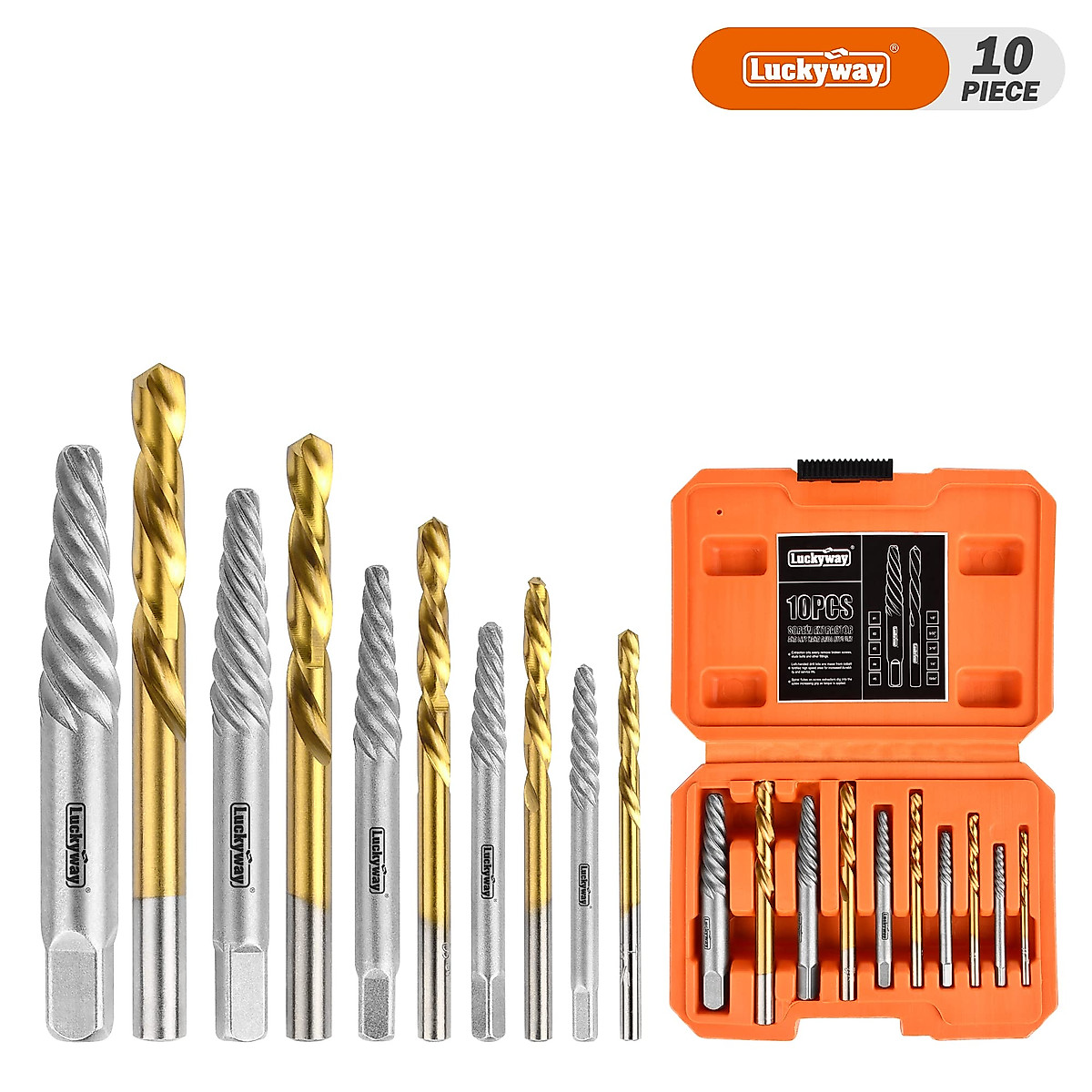 Luckyway 10-Piece Screw Extractor and Left Hand Drill Bit Set, Bolt Extractors, for Removing Broken Studs, Bolts, Socket Screws, and Fittings