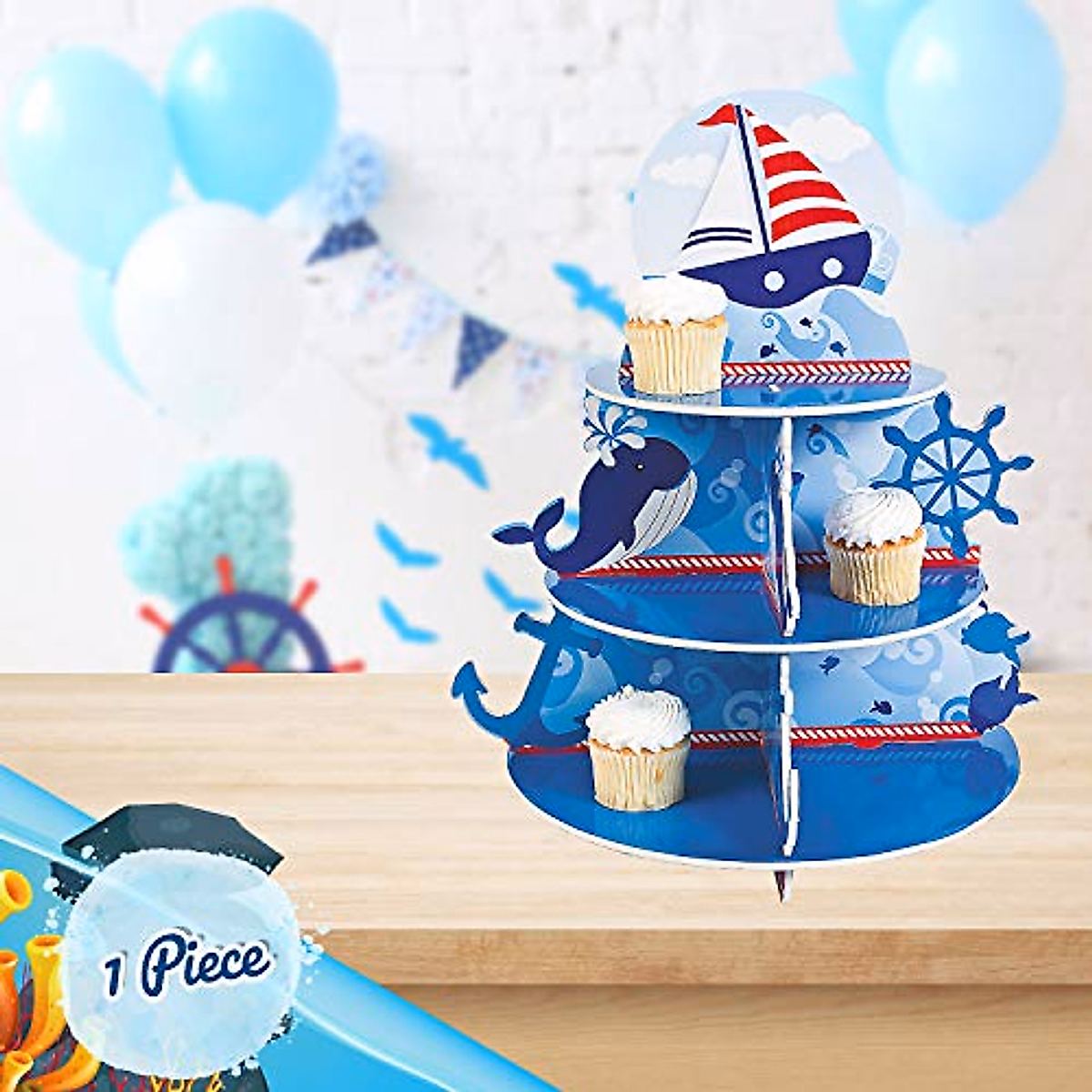 1 X Nautical Sailor Cupcake Holder Stand Size: 16" x 12" diam. by Fun Express blue and white