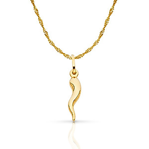 14K Yellow Gold Cornicello Italian Horn Necklace Good Luck Charm Pendant with 1.2mm Singapore Chain Necklace - 24"