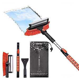 Tomorotec 3-in-1 Ice Scraper, Snow Brush and Squeegee, 39" Extendable Aluminum Alloy Handle 180° Pivoting Snow Scraper for Car Anti-Scratch Silicone Brush Ice Scraper for Car Windshield Window SUV