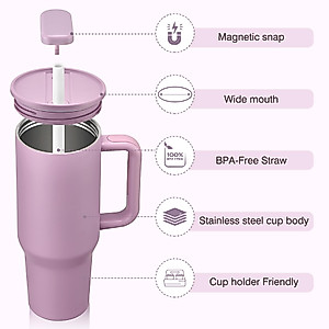 Pawtong 40oz Magnetic Lid Insulated Tumbler with Handle, 360° Rotating & Removable Cover, Leak-Proof Travel Mug with Soft Silicone Straw for Drivers, Commuters, Road Trips, Dishwasher Safe (Purple)