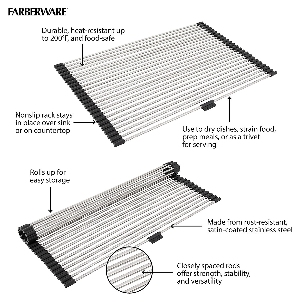 Farberware Roll up Dish Drying Over The Sink Rack Mat with Stainless Steel Wires, Large, Silver/Black