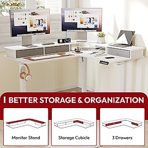 SANODESK 55" L Shaped Standing Desk with 3 Drawers, Height Adjustable Stand up Desk, Corner Gaming Desk with Monitor Stand, White Frame/White Top