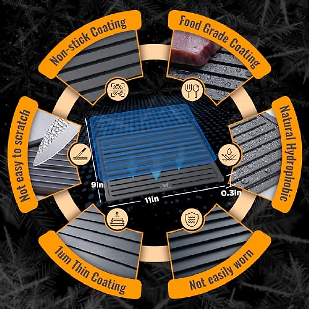 4T7 Defrosting Tray for Frozen Meat Quick Thawing, 8MM Extra Thick Plate Board for Steak Pork Chicken, with Grooves to Catch Drips, Non-Stick Thawing Tray Easy to Clean (Defrosting Tray Only)