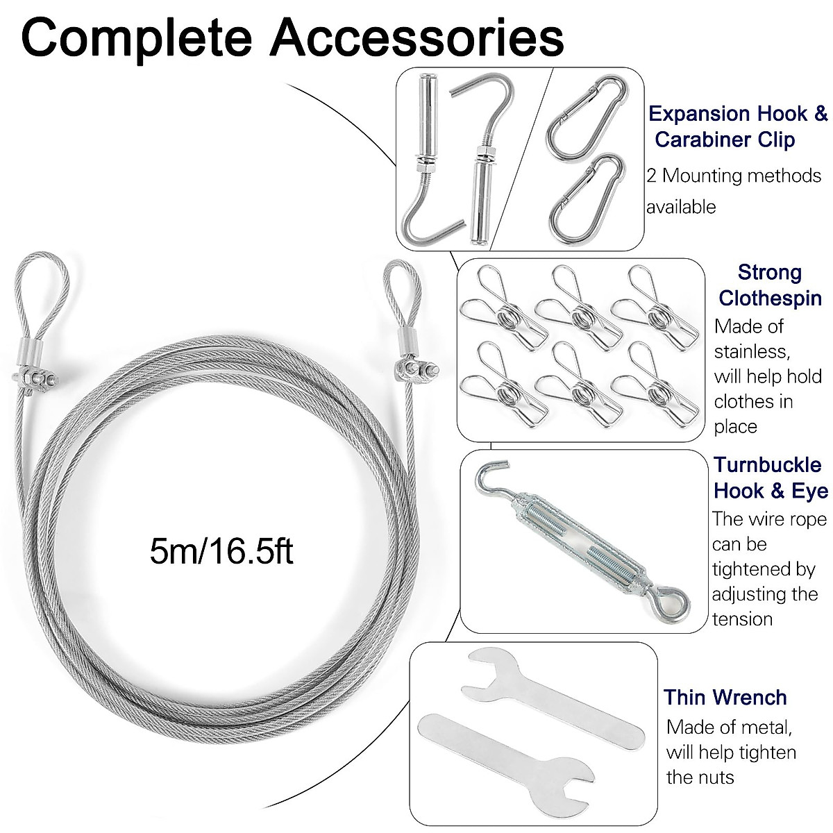 OOTSR Stainless Steel Clothesline, 16.4ft Clothing Wire for Indoor Outdoor, Laundry Drying Rope with Turnbuckle and 6 Clothespins, Heavy Duty Shower Line for Home Camping Accessories