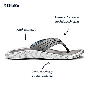 OLUKAI Ulele Men's Beach Sandals, Quick-Dry Flip-Flop Slides, Water Resistant Suede Lining & Wet Grip Soles, Soft Comfort Fit & Arch Support, Stone/Stone, 12