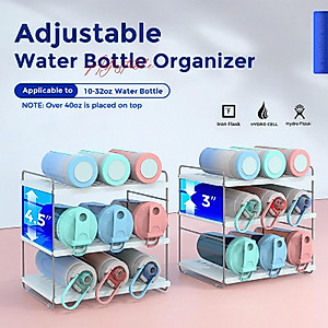 Water Bottle Organizer for Cabinet, 3-Shelf Expandable & Height Adjustable Storage Rack for Kitchen Cabinets Pantry, Tumbler Organizer for Cups with Straws, Holds 15 Bottles (Powder Blue)