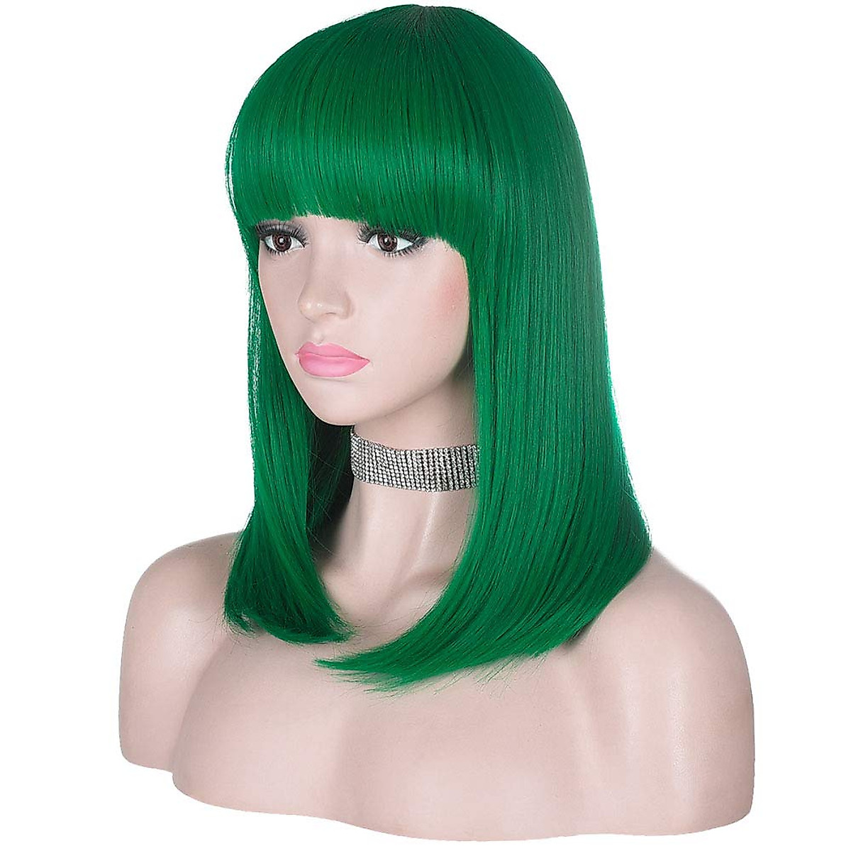 AMZCOS 15 Inch Short Straight Green Bob Wig with Bangs | Natural Heat Resistant Synthetic Hair for Women