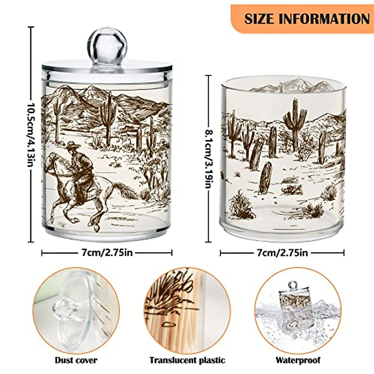 Blueangle 2 Pack Western Desert Cowboy Qtip Holder Dispenser for Cotton Ball, Cotton Swab - Plastic Apothecary Jar Set for Bathroom Canister Storage Organization（659）