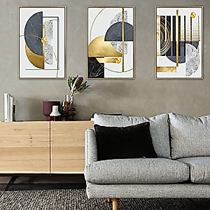 3Pcs Large Size Canvas Wall Art, Grey Black and Gold Foil Wall Decor, Nordic Luxury Gold Framed Painting Print, Abstract Geometric Art Poster for Living Room Bedroom Home Hallway Decor 16 * 24 Inch