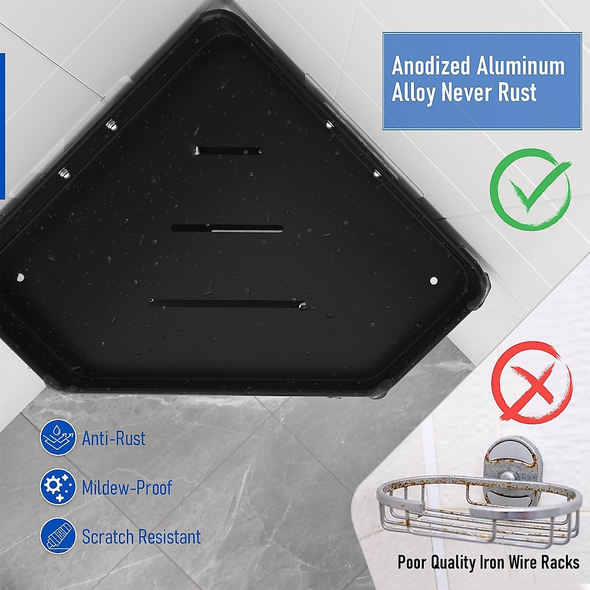 Big Lighting Deals Corner Shower Shelf 2-Pack, Larger Adhesive Shower Corner Caddy for Inside Shower with Hooks and Towel Bar, Corner Shower Organizer for Bathroom, Black