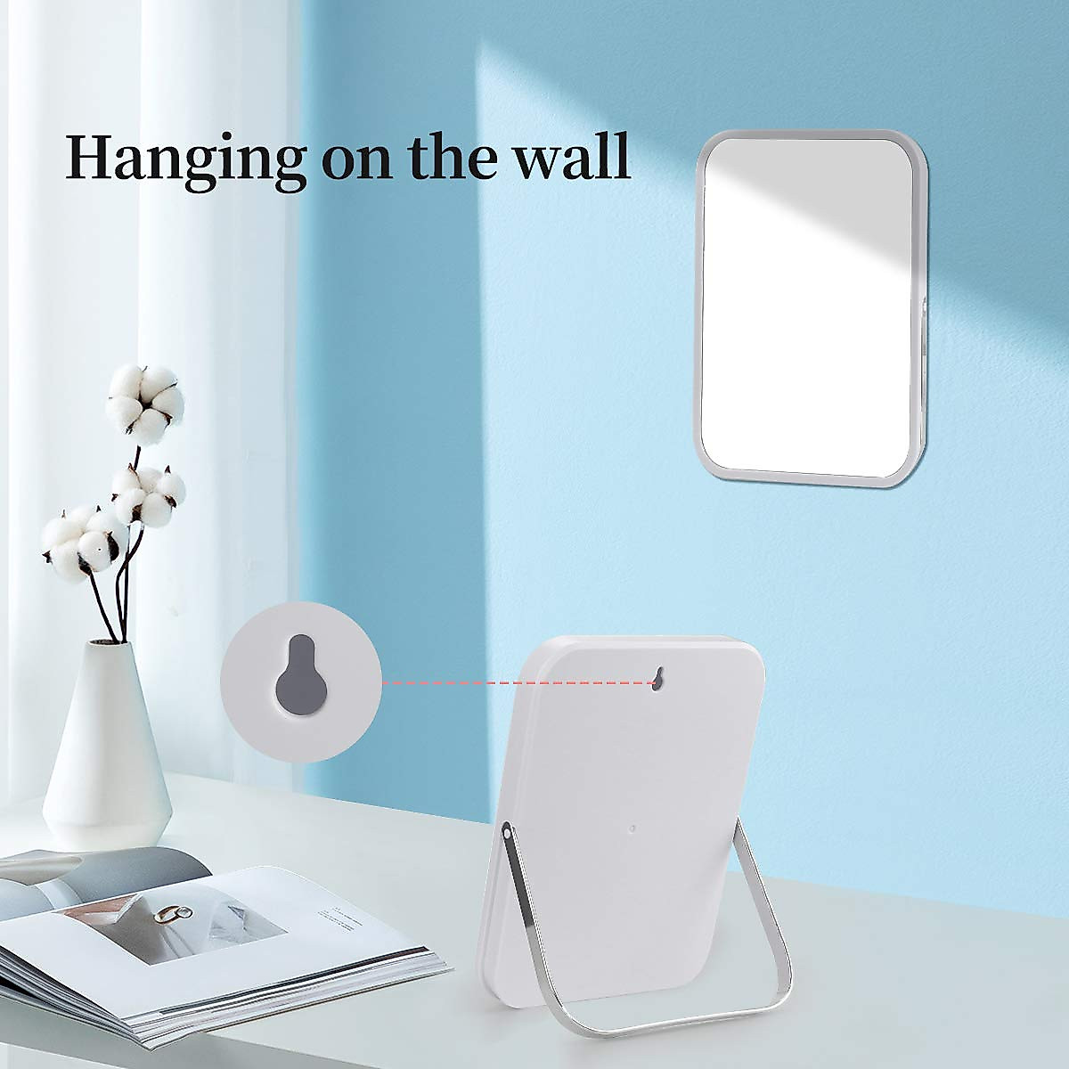 Tabletop Makeup Mirror,Square Desktop Foldable Vanity Mirror,8‘ Portable Folding Mirror with Metal Stand 90°Adjustable,Table Desk Standing Cosmetic Mirror Wall Hanging Dual-Purpose Small Mirror(Gray)