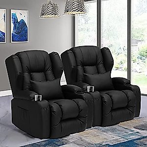 OBBOLLY Swivel Rocker Recliner Chair - Manual Glider Rocking Recliner Chair, Wingback Design 360° Swivel Chair with Lumbar Pillow, Cup Holders, Side Pockets for Living Room, Faux Leather (2, Black)