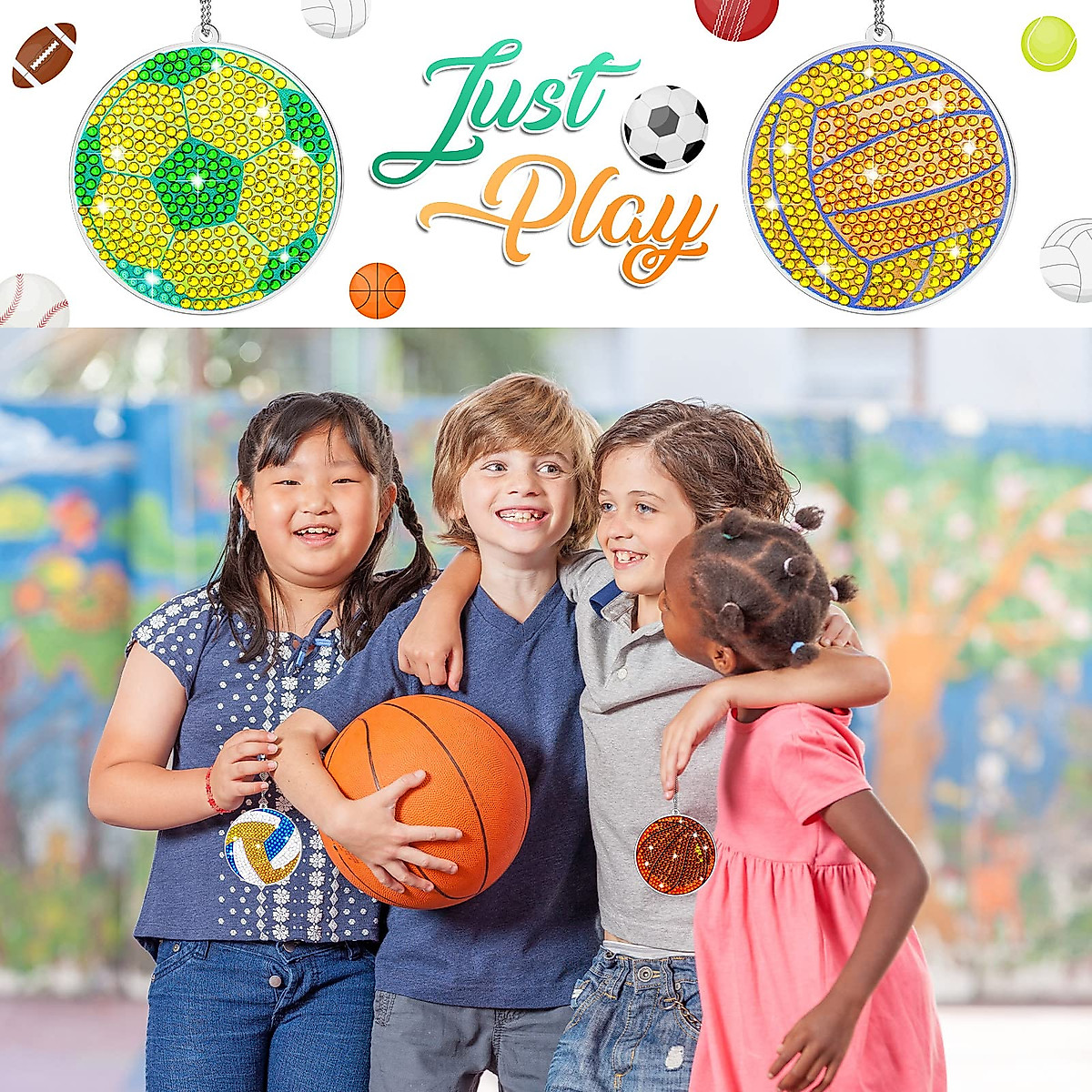 Junkin 26 Pcs Balls DIY Diamond Art Painting Keychain Kits 5D Diamond Painting Key Chains Soccer Ball Football Chain Key for Backpack Shoulder Bag Sports Accessories Adults and Kids