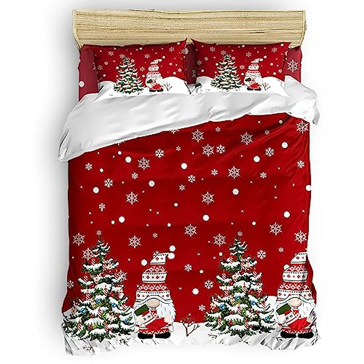 Boanket 3 Pieces Bedding Set Full Size, Christmas Tree Soft Durable Duvet Cover Set Comforter Cover Set with Zipper Closure All-Season Breathable Bedding Set Xmas Gnome Winter Snowflake Christmas Red
