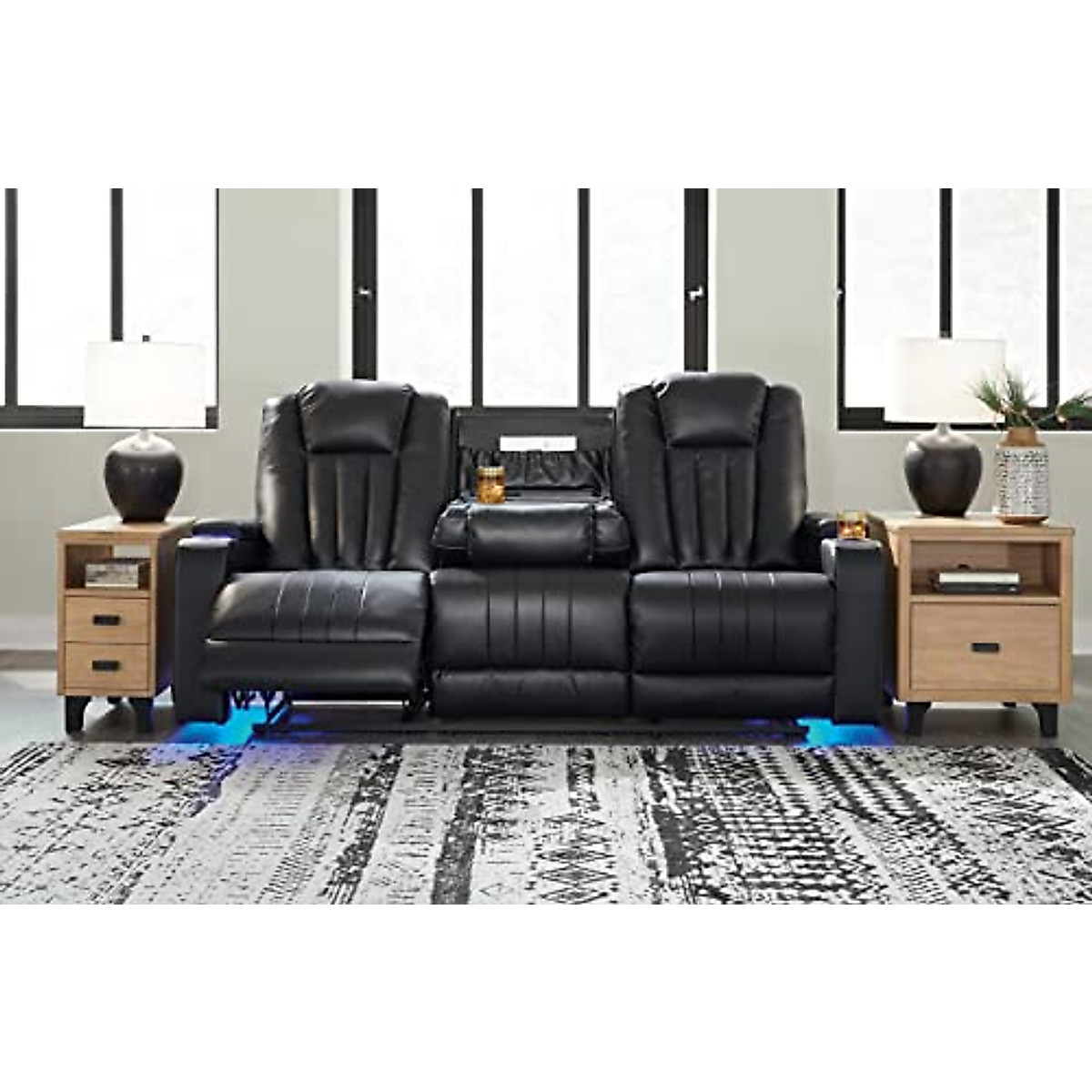 Signature Design by Ashley Center Point Contemporary Faux Leather Tufted Reclining Sofa with Drop Down Table, Black