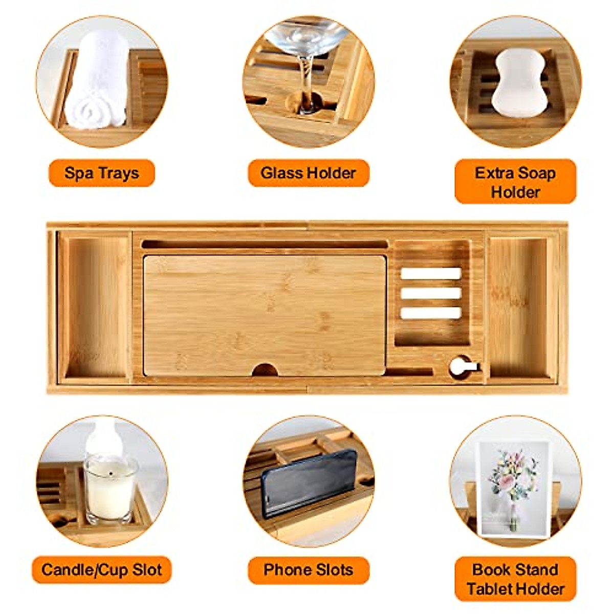 Bamboo Bathtub Caddy Tray, Expandable Bath Tray Table for Tub with Wine Glass Slot Book Phone Tablet Holder, Adjustable Bathroom Bathtub Organizer for Relaxing Bath Gift Idea