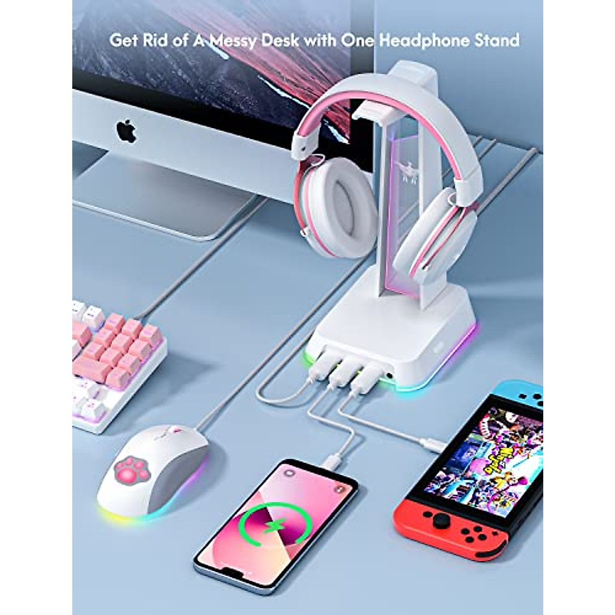 PHNIXGAM RGB Headphone Stand with 3.5mm AUX and 3 Port USB 2.0 Hub, Universal Gaming Headset Hanger Holder for Computer Gaming Gamer Accessories (White)