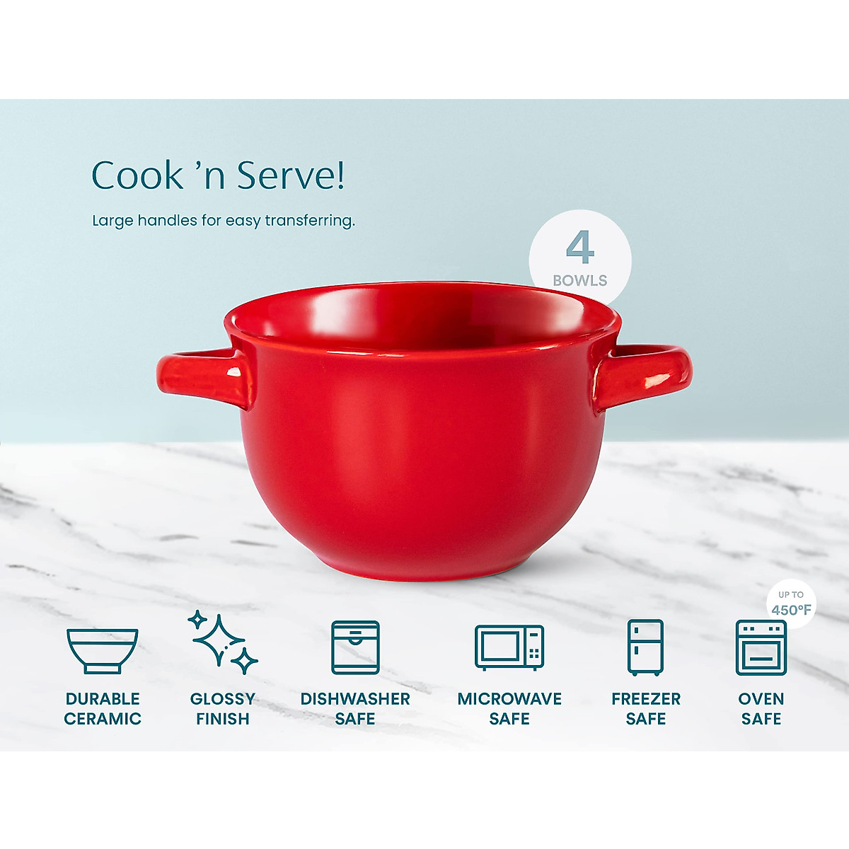 KooK Broil Safe Soup Bowls, French Onion Soup Crocks, Oven Safe Soup Mugs, Ceramic Bowls with Handles, for Rice, Dessert, Pasta, Dishwasher, Microwave, Set of 4, 18 oz (Red)