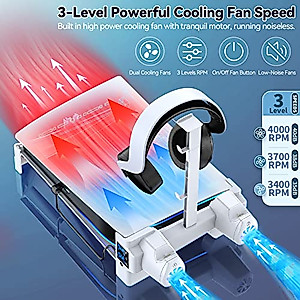PS5 Horizontal Stand with 3-Level Cooling Fans for Playstation 5 Console, PS5 Accessories Controller Charging Station Fit for PS5 Edge Controller, PS5 Cooling Station with Headset Holder