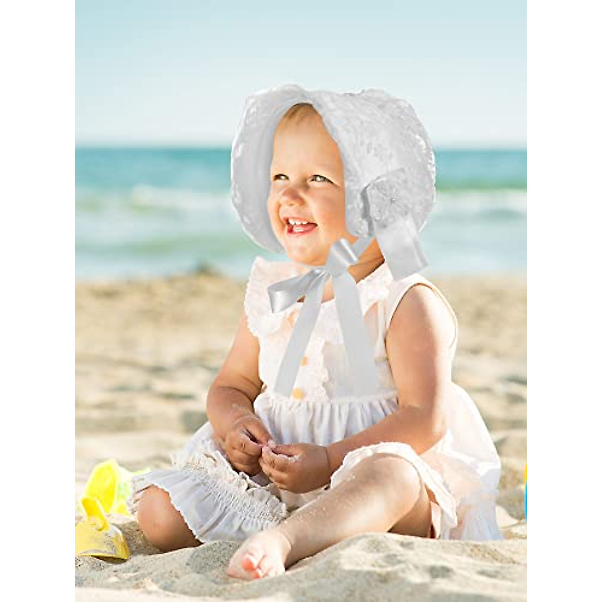 2 Pieces Baby Girls Bonnet Christening Lace Hat Caps Breathable Adjustable Baby Girl Sun Hat Pink and White Toddlers Beanie for 3-18 Months Kids