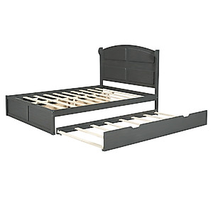 BOVZA Queen Size Platform Bed Frame with Headboard, Twin Size Trundle and 2 Drawers, Antique Gray