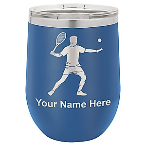 LaserGram Double Wall Stainless Steel Wine Glass Tumbler, Tennis Player Man, Personalized Engraving Included (Dark Blue)