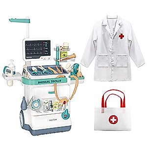 Deejoy Toy Doctor Kit for Kids, Pretend Medical Station Set for Boys & Girls, 28 Accessories Mobile Cart with Lights and Thermometer, Kids Doctor Kit for Toddlers 3-5 Years Old