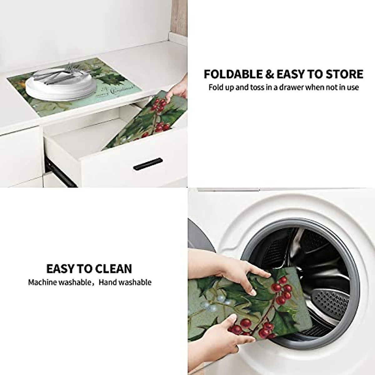 Happy New Year Xmas Tree Bell Printed Drying Mat For Kitchen Ultra Absorbent Microfiber Dishes Drainer Mats Non-Slip Silicone Quick Dry Pad - 18 X 16inch