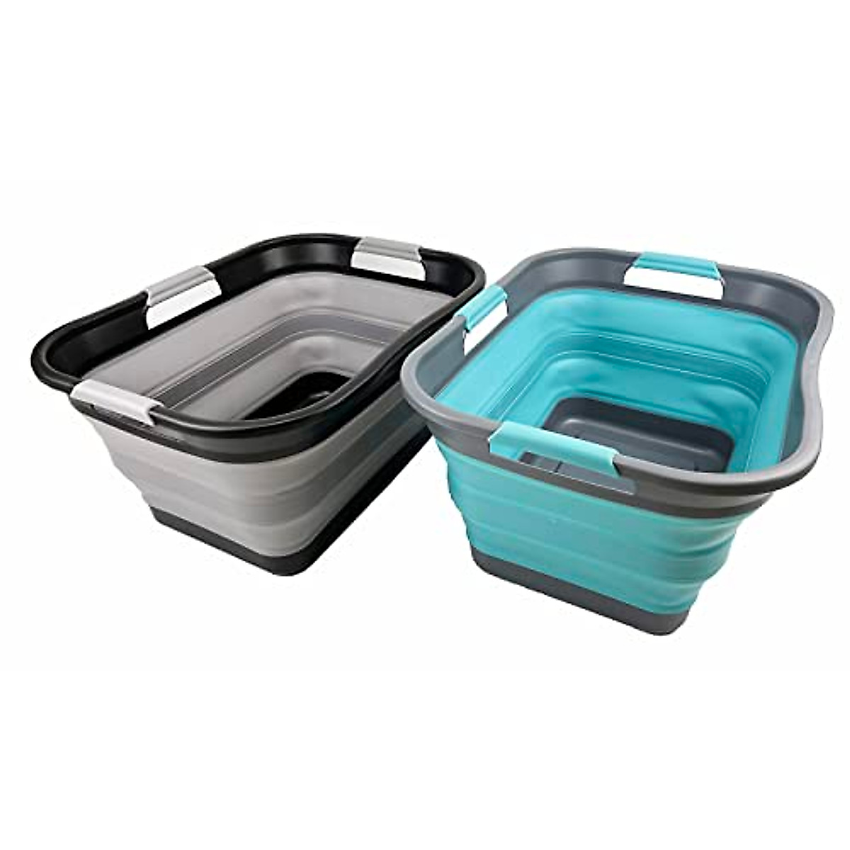 SAMMART 30L (8 gallon) Set of 2 Collapsible Plastic Laundry Basket - Foldable Pop Up Storage Container/Organizer - Portable Washing Tub - Water capacity: 24L (6.3 gallon) (Alloy Grey + Crystal Blue)