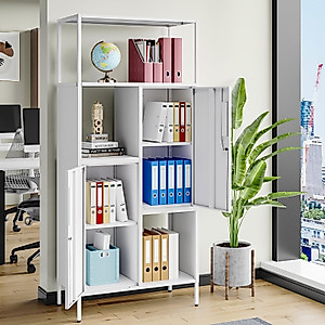 AFAIF Bookshelf with Doors, 71" H Tall Bookcase with Storage Shelves and Lock, Modern Open Shelf Bookcase, White Metal Bookcases with Storage Cabinet for Home Office, Bedroom, Living Room