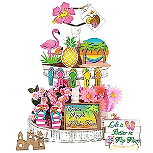 15 Pieces Summer Tiered Tray Decor Set with a Hemp Rope Summer Wood Sign Assorted Style Decorative Trays Signs Flamingo Pineapple Tropical Palm Sign for Summer Beach Home Kitchen Table Decorations